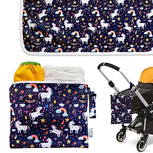 Flockthree Waterproof Baby Diaper Changing Pad with Storage Bag (28.7" X 19.7") Washable Wipeable Reusable Leak Proof Diaper Travel Mat Station Changing Mattress Liner Cribs Bed Cover, Unicorns
