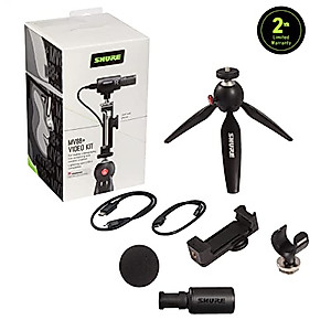 Shure MV88+ Video Kit - Digital Stereo Condenser Microphone for Apple and Android, with Manfrotto PIXI Tripod, Phone Clamp, Mount, iOS and USB-C Cables for Next-Level Compatibility and Connectivity