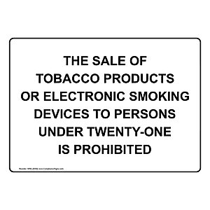 ComplianceSigns.com Sale Tobacco Under Twenty-One Prohibited Label Decal, 10x7 in. Vinyl for No Smoking
