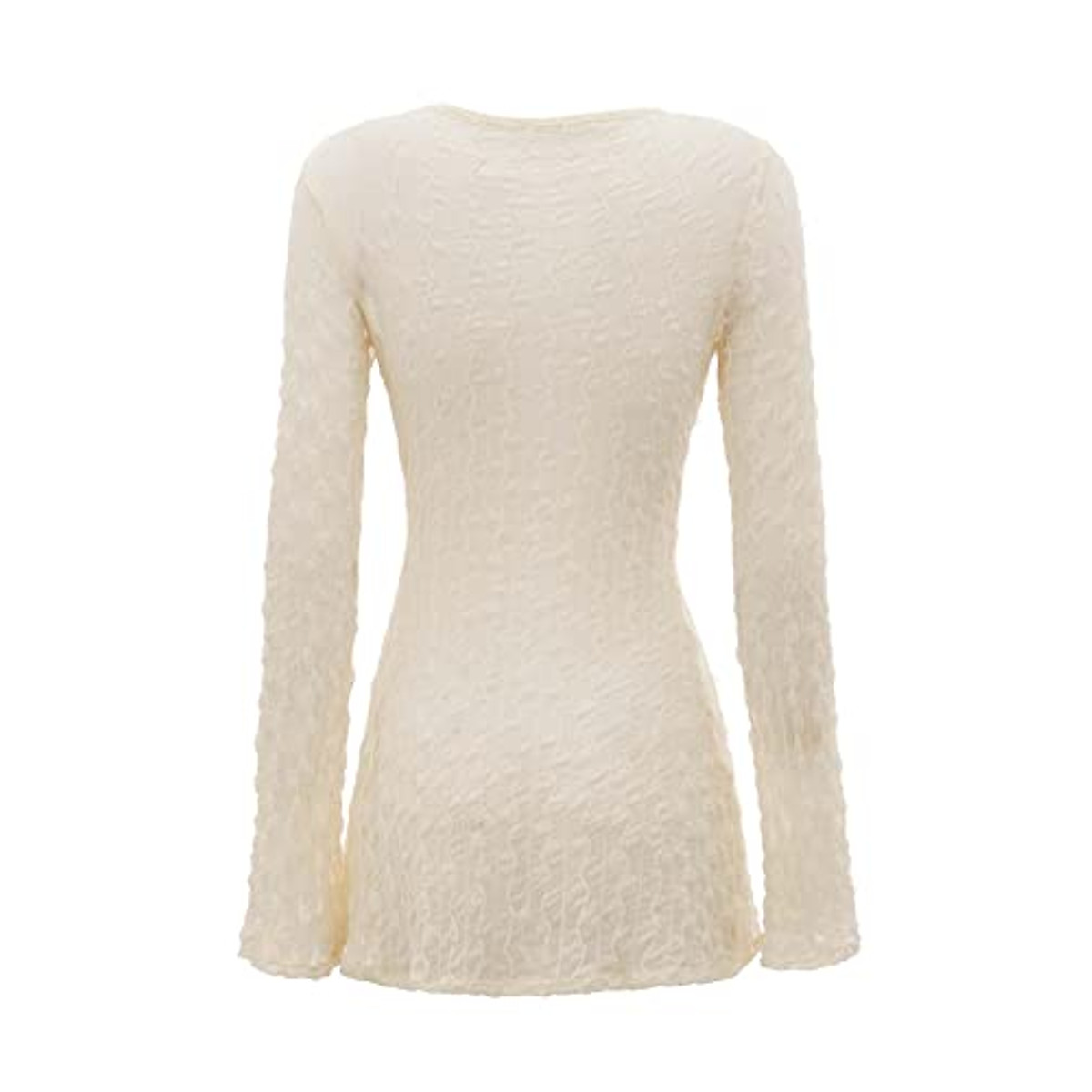 WDIRARA Women's Sheer Mesh Deep V Neck Tie Front Long Sleeve See Through Top Beige L