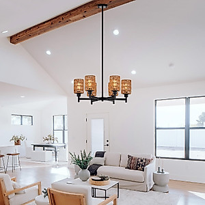 Widluth Black Chandelier Light Fixture Vintage 6-Lights Black Chandelier with Rattan Shade Industrial Boho 24.8" Hand Woven Bamboo Chandelier for Dining Room, Kitchen Island, Bedroom