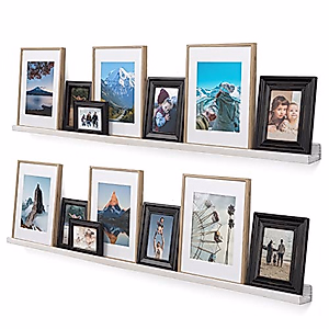 Rustic State Ted Wall Mount Extra Long Narrow Picture Ledge Photo Frame Display - 60 Inch Floating Wood Shelf for Living Room Office Kitchen Bedroom Bathroom Décor - Set of 2 - Washed White