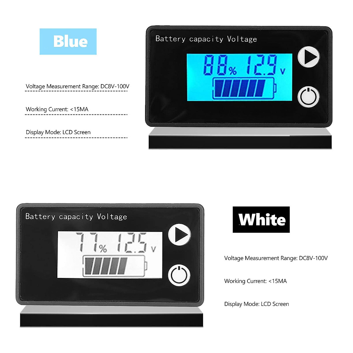 Battery Monitor LCD 12V Digital Battery Capacity Tester Lithium Battery Volt Meter Universal Percentage Display Voltmeter Voltage Indicator ((10-100V) Blue + Alarm)