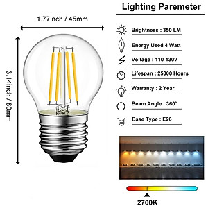LED Vintage Edison Bulb G45-4W LED Light Filament Bulb, Globe Shape E26 Base, Clear Warm White 2700K, LED Edison Bulb 40W Equivalent, 110-120VAC, Dimmable (4 Watts)