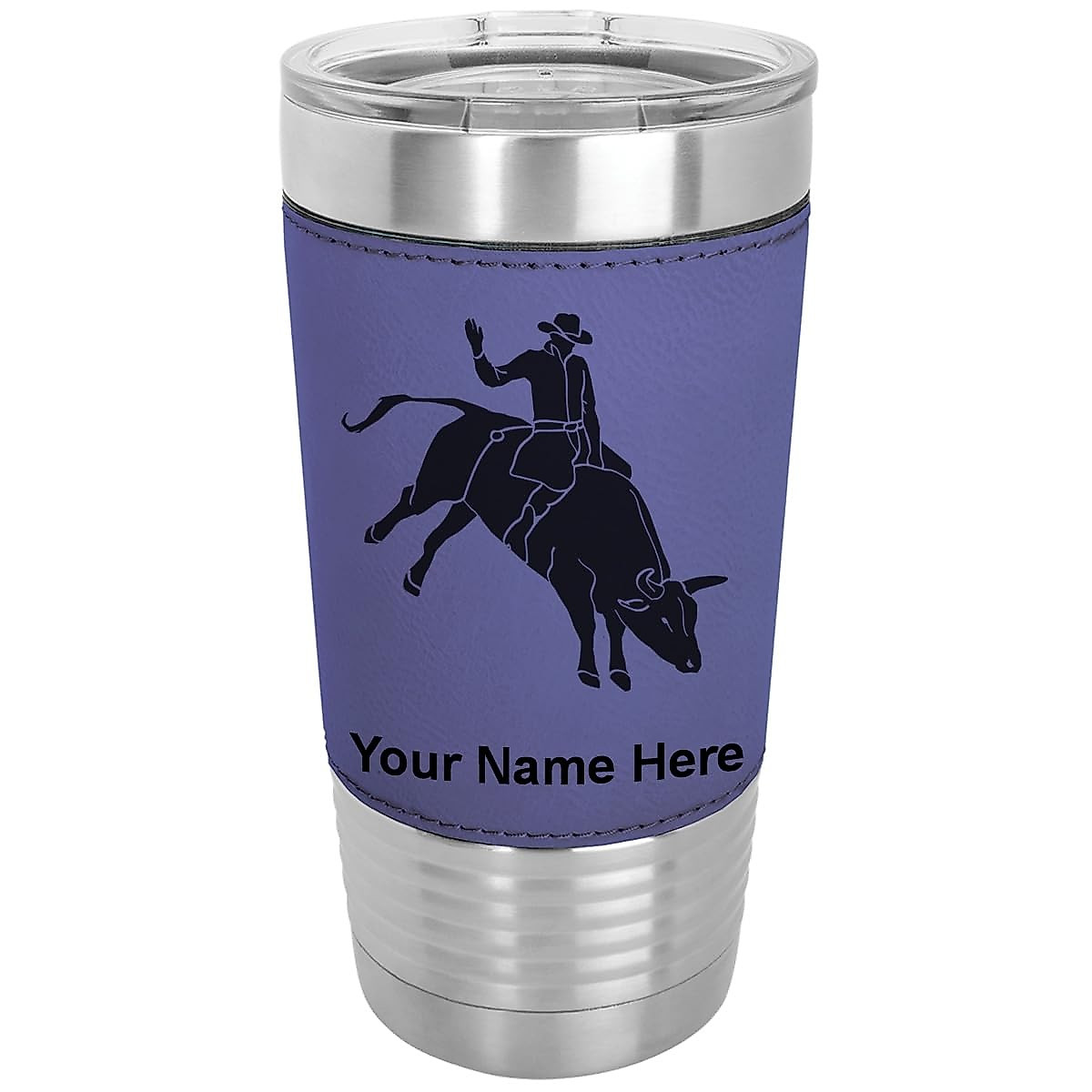 LaserGram 20oz Vacuum Insulated Tumbler Mug, Bull Rider Cowboy, Personalized Engraving Included (Faux Leather, Dark Purple)