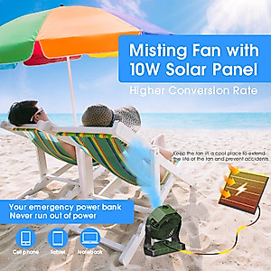 Ausic 10W Misting Solar Fan, 10000mAh Camping Fan Portable with Solar Panel & 250ml Water Tank, 8 Inch Battery Operated Rechargeable Cooling Fan with Hook, Outdoor Tent Fan for Travel