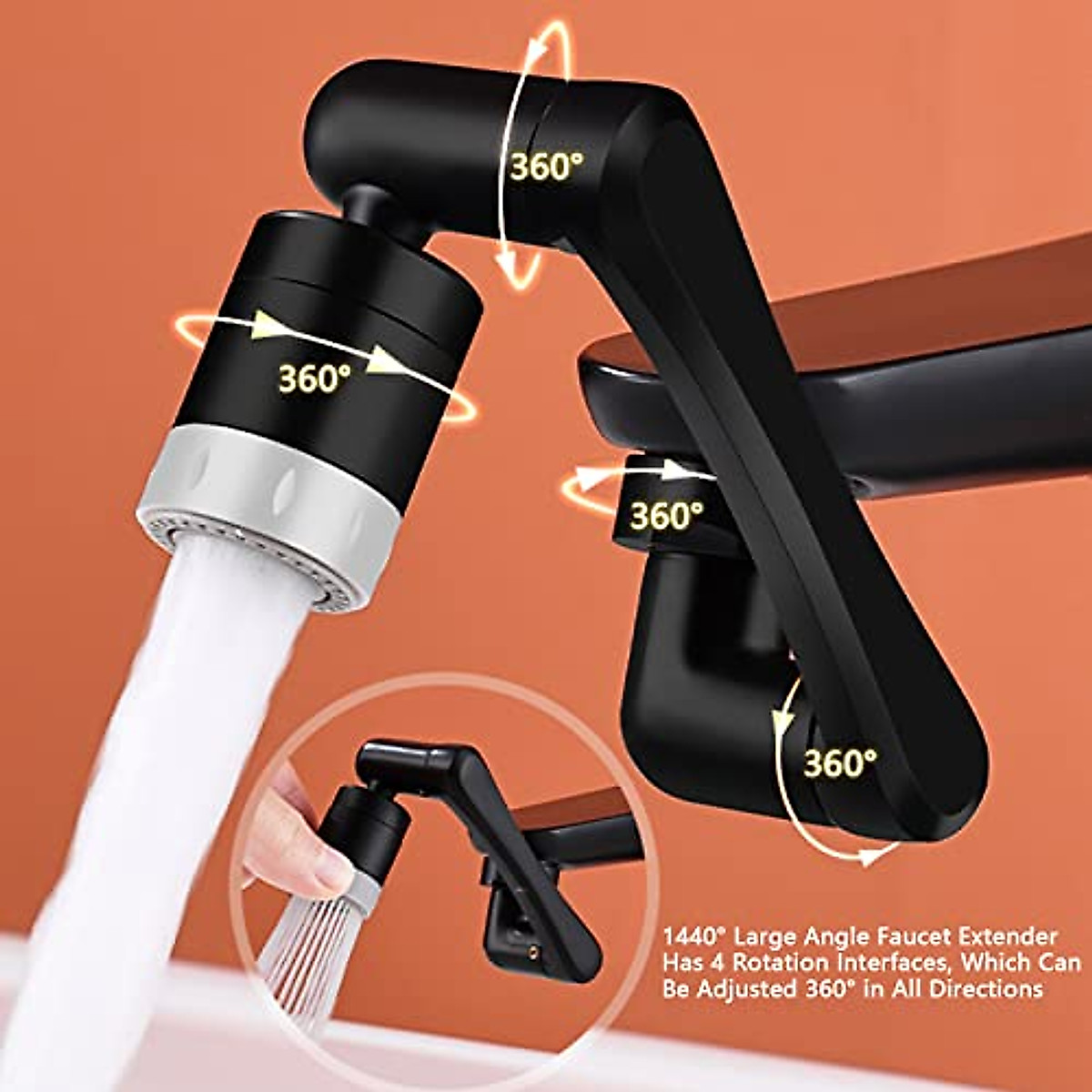 Faucet Extender, 1440° Large-Angle Rotating Robotic Arm Water Nozzle Faucet Adaptor, Universal Splash Filter Faucet with Dual-Water Outlet Modes, Kitchen Sink Aerator Sprayer Head 360°, Black