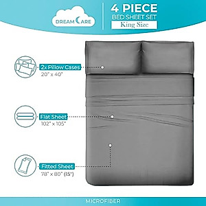DREAMCARE Full Size Sheets - Cooling Bed Sheets - 4pcs Set - up to 15" Deep Pocket Full Sheet Set - Sheets Full Size Bed - Soft & Long Lasting 100% Fine Brushed Polyester with Side Pocket - Gray