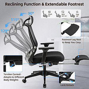 Foldable Office Chair with Foot Rest, Ergonomic Office Chair with Adjustable Lumbar Support, Headrest, Armrest, High Back Mesh Chair, Home Office Desk Chair for Space Saving, Black