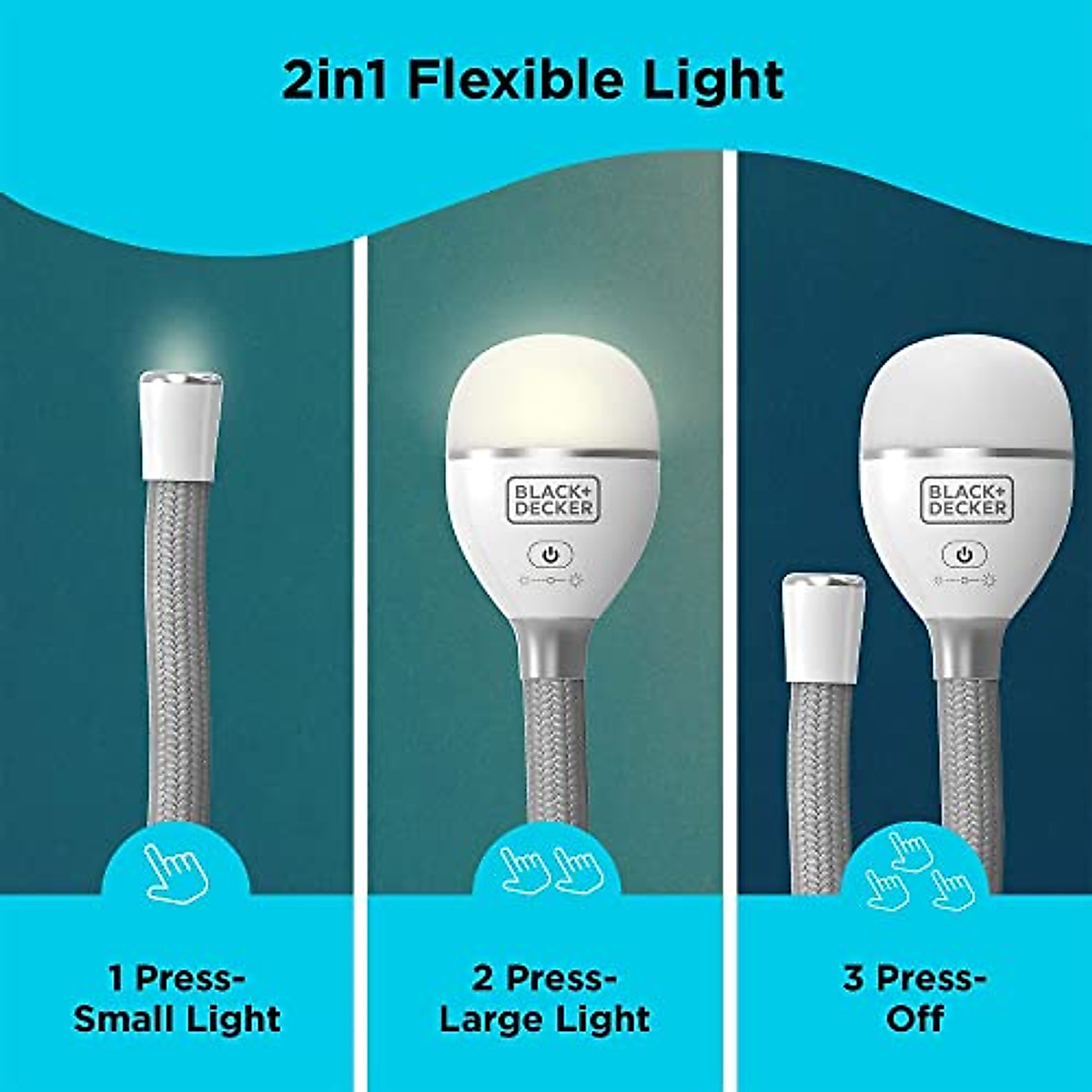 BLACK+DECKER Snake Light, Use for Book Light, Desk Light, and Work Light, 2 Settings, Flexible and Rechargeable (BDCFSL01)