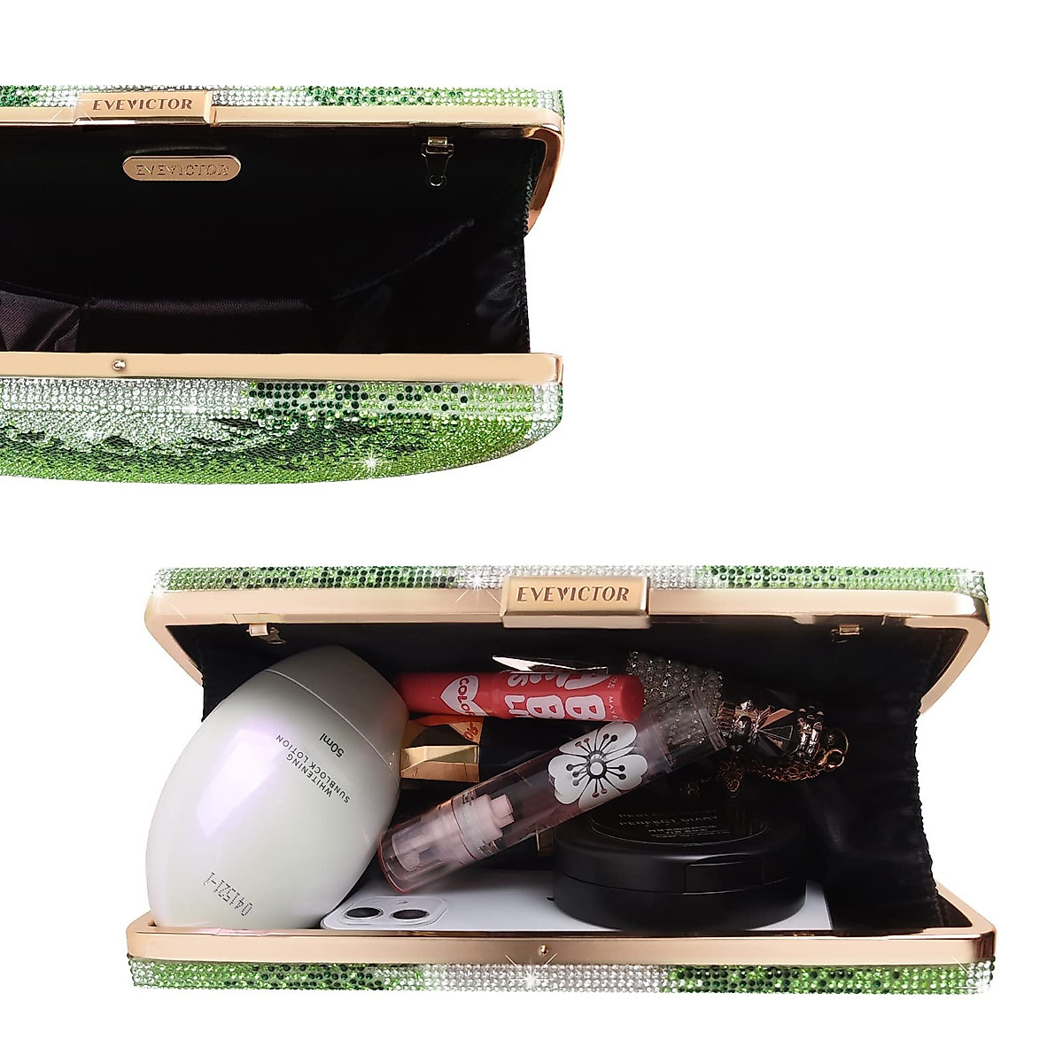 Evevictor Clutch Purse for Women, Crystal Evening Bag, Watermelon Shape Handbag, Rhinestone Money Hand Bag for Prom, Party, Date (Green)