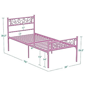 Elephance Twin Size Bed Frame with Headboard and Footboard, Metal Platform Bed Frame with 14 Inch Storage Space Mattress Foundation No Box Spring Needed for Girl Pink
