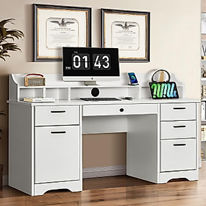 MaverickFurni White Executive Desk with Drawers, 58 Inch White Desk with Storage, Wood Computer Desk with 6 Drawers, Study Desk for Bedroom, Business Furniture Desk with File Cabinet