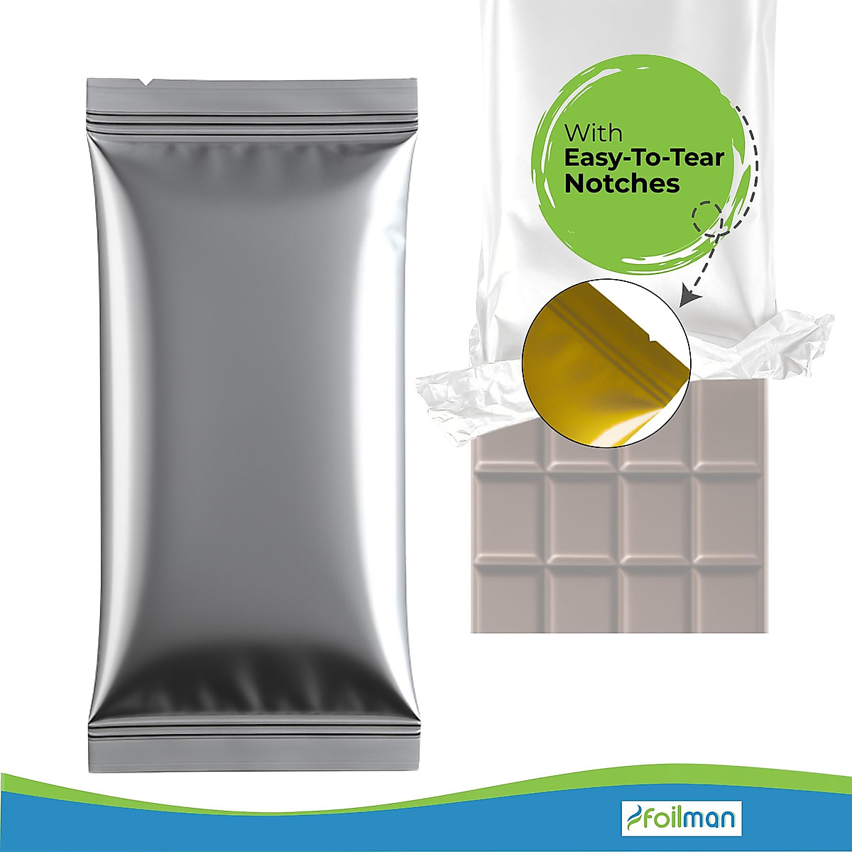 Foilman - Heat Seal Bags {Metallized} For Chocolate Bar Wrapping - Actual bags size 3 x 6 3/8 - Fits Bar Size 2.25 x 5.5 Inches (100 Pack) (Silver)