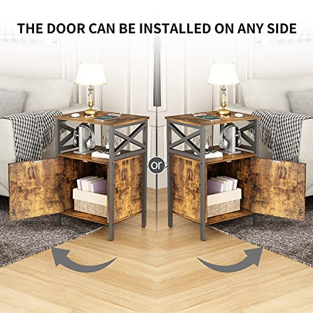 LDTTCUK Side Table with Charging Station, End Table with Power Outlet & USB Ports, Nightstand with 2 Tiers Storage Space and Storage Cabinet, Sofa Side Tables for Bedroom, Living Room,Office,Brown