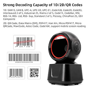 HXBER Barcode Scanner, 1D 2D QR Desktop Wired Barcode Scanner High-Speed Platform Hands-Free Automatic Sense Reader USB Port Plug&Play Compatible with Window Android System Image CMOS Sensor