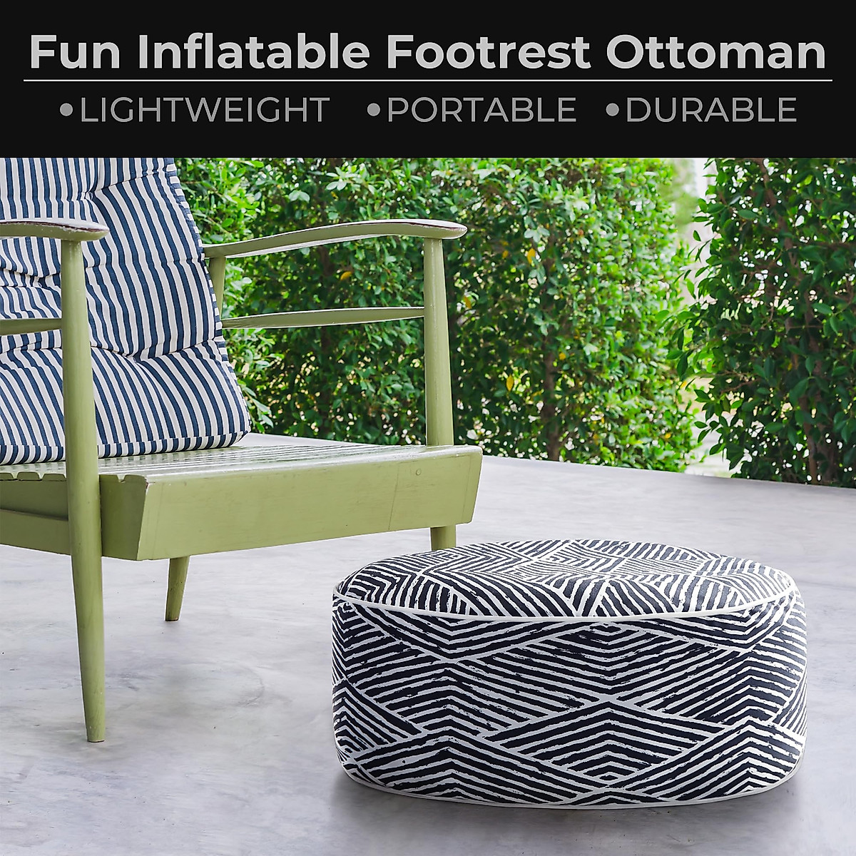 510 Design Inflatable Ottoman Stool Portable Round Pouf, Handle, Inflatable Foot Rest, Weatherproof & Water Repellent Indoor/Outdoor Ottomans for Patio Garden, Camping, Pool, D21 x 9" H, Black/White