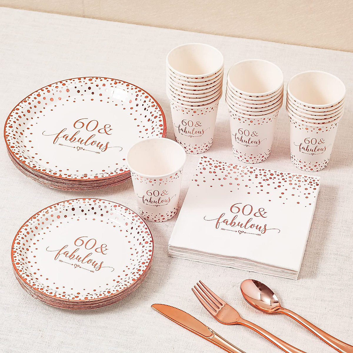 Crisky Rose Gold Foil 60 Fabulous Napkins Plates Cups Set for Women 60th Birthday Party Decorations Supplies, Disposable Tableware Set of 24 (9" Plates, 7" Plates, Luncheon Napkins, 9oz Cups)
