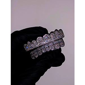 14k Baguette Set 8 teeth White Joker Gold Grillz for Mouth Top Hip Hop Teeth Diamond Grills for Teeth Mouth Grillz for Mouth Top Bottom Hip Hop 8 Teeth Grills for Teeth Mouth Set - Teeth Cap