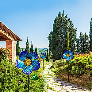 Viveta 2 Pack Wind Spinners with Metal Stake, 28.7 inches Outdoor Garden Pinwheels Spinners Blue Flower Shape Design for Yard Lawn Patio Decor