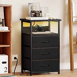 Fixwal Night Stand with Charging Station, LED Nightstand with U-S-B Ports and Outlets, 3 Fabric Storage Drawers with PU Finish, Bedside Table, Black