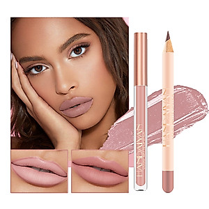 Easilydays 2Pcs Matte Nude Lip Liner Pencil and Lip Stick Set, Velvety Creamy Matte Lip Crayon Full Coverage Lip Stain High Pigment Waterproof, No Smudge Lipstick for Women, Smooth Matte Lip Color Makeup (#01)