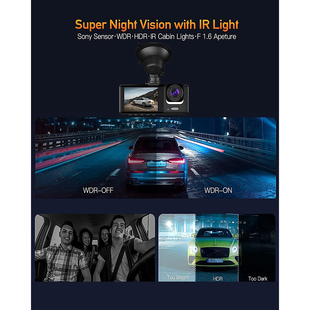 Dash Camera for Cars, 3 Channel 4K Dash Cam Front and Rear Inside,1080P Full HD 170 Deg Wide Angle Dashboard Camera with 64GB Card, IPS Screen,Built in IR Night Vision,G-Sensor,Loop Recording