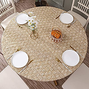 Round Vinyl Fitted Tablecloth with Flannel Backing Elastic Edge Design Table Cover Waterproof Oil-Proof PVC Table Cloth Stain-Resistant Wipeable for Round Table…