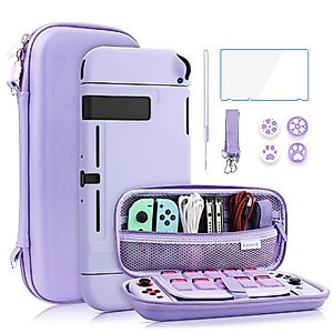 FANPL Case bundle for Nintendo Switch Accessories, Carrying Case for Switch and Joy Con Controller with Soft TPU Protective Cover and Screen protector, 4 Thumb Grips, Shoulder Strap - Purple