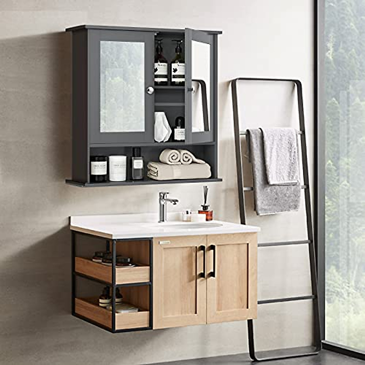 DORTALA Mirrored Bathroom Cabinet, Wall Mounted Medicine Cabinet w/Double Mirror Doors & Adjustable Shelf, Multipurpose Storage Cabinet Home Organizer, Grey