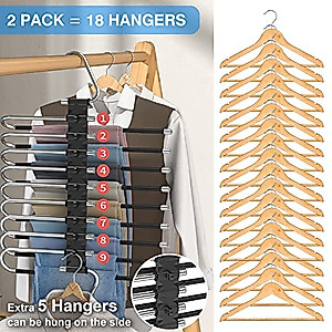Upgrade 9 Layers Pants Hangers Space Saving, 2 Pack Non Slip Stainless Steel Multifunctional Pants Rack Closet Pant Hanger Organizer with Hooks for Pants Jeans Trousers Dorm Room Essentials, Black