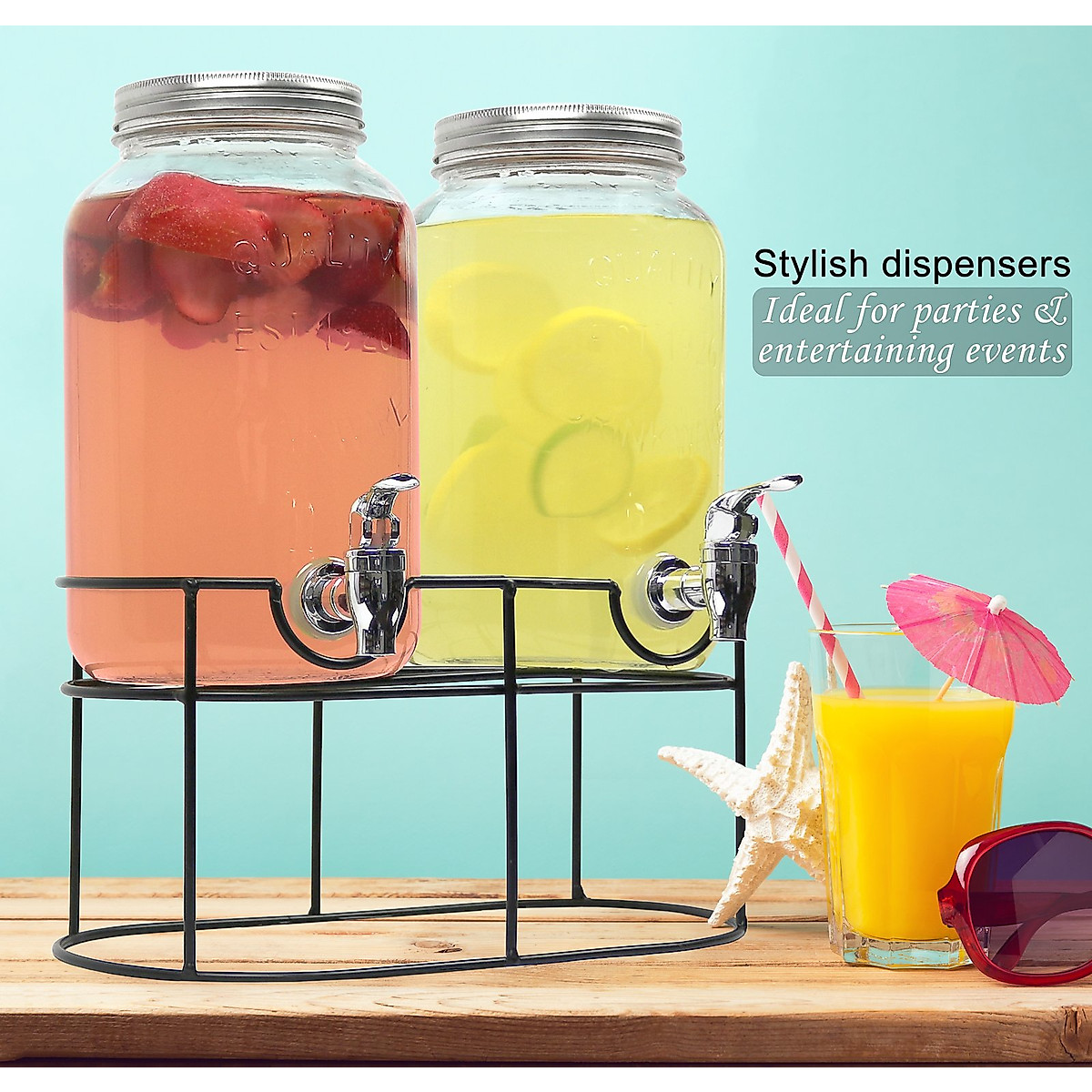 Estilo Glass Double Drink Dispenser with Stand - Set of 2, 1 Gallon Glass Beverage Dispenser with Stand, Glass Drink Dispenser, Glass Jar with Lid, Mason Jar for Weddings, Juice Dispensers for Parties