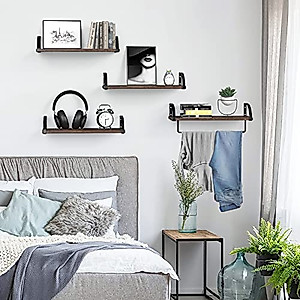 HOORMEEY Floating Shelves Set of 4, Rustic Wood Wall Shelves for Bedroom, Wall Mounted Bathroom Shelves with Towel Bar, Hanging Shelf for Living Room Kitchen Storage, Wall Decor