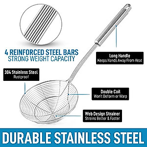 Zulay Kitchen 15.4 Inch Stainless Steel Strainer - Spiral Wire Mesh Skimmer Spoon Ladle With Long Handle - Reinforced Double Coil Slotted Spoons For Cooking and Frying
