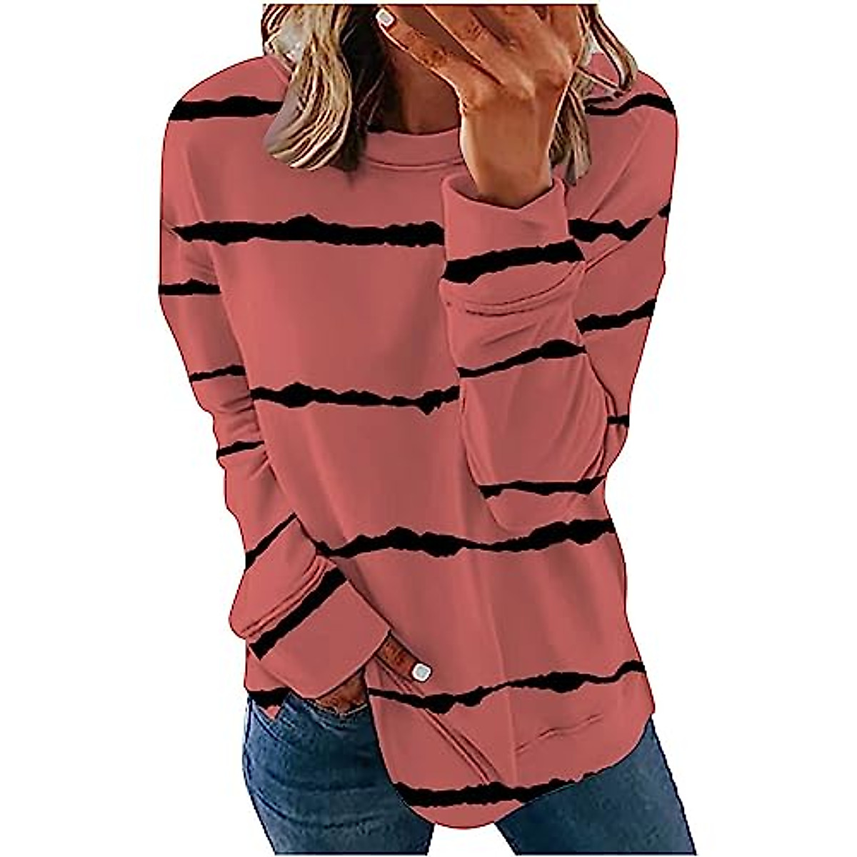 Homisy Women's Vintage Stripe Print Sweatshirt Casual Long Sleeve Pullover Sweatshirt Tops Loose Fit Crewneck Sweatshirt Watermelon Red