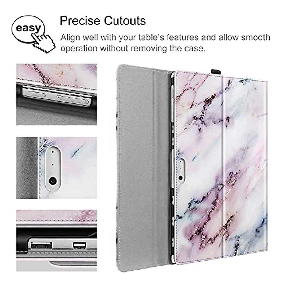 Fintie Case for 12.3 Inch Microsoft Surface Pro 7 Plus, Surface Pro 7/6/5/4/3 - Portfolio Business Cover with Pocket, Compatible with Type Cover Keyboard, Marble Pink