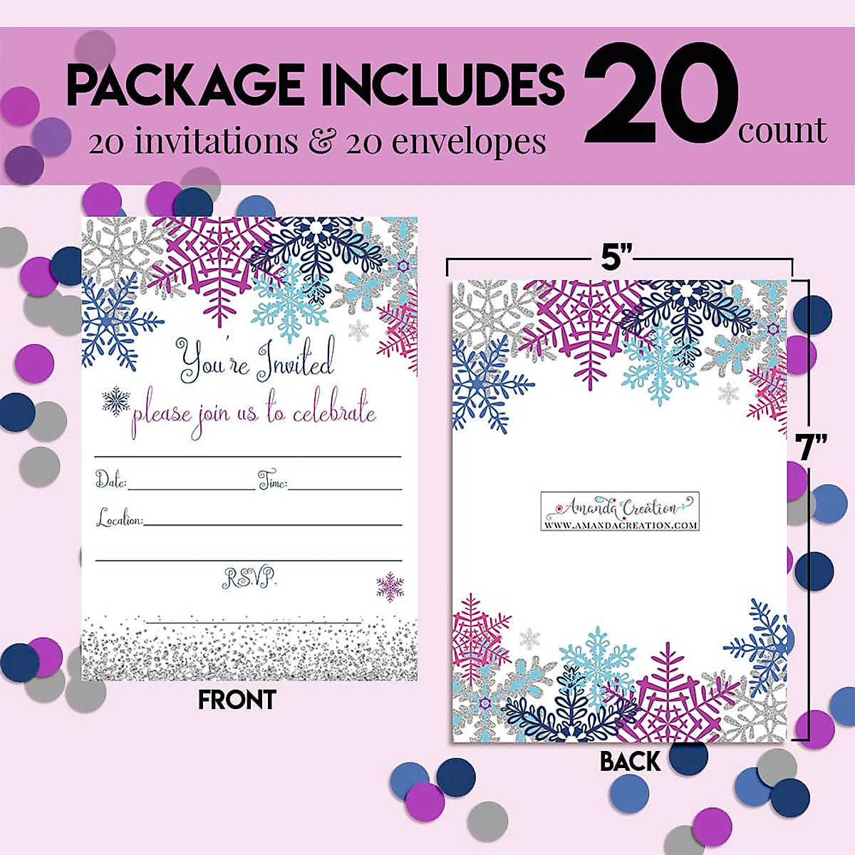 Winter Snowflake Birthday Party Invitations, set of 20 5x7 Fill In Cards with Twenty White Envelopes by AmandaCreation