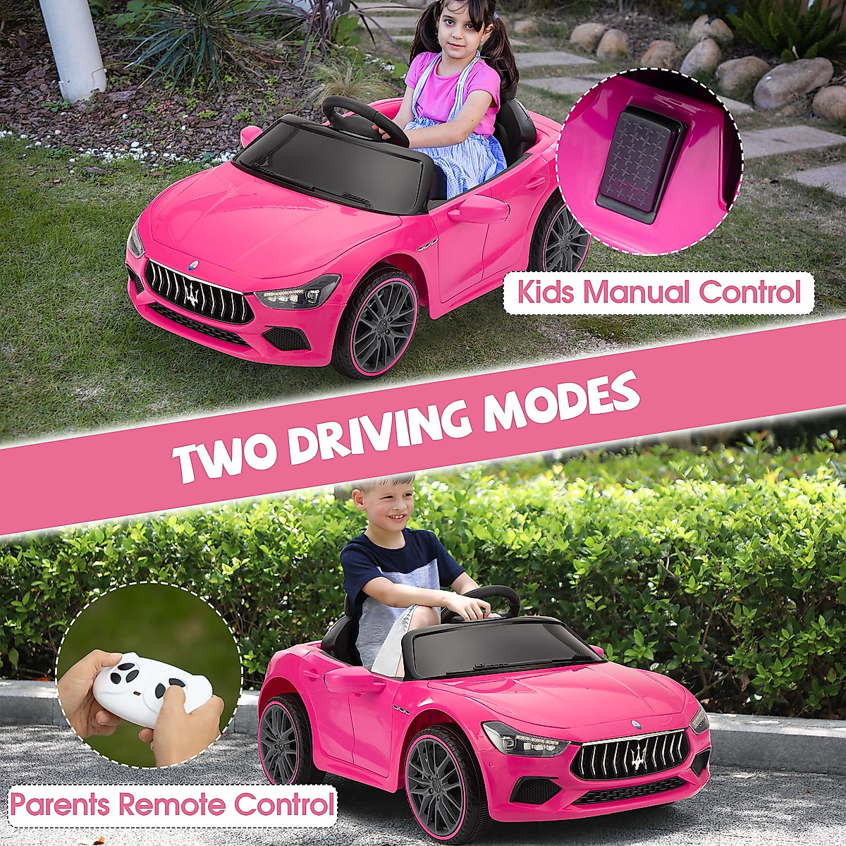 TOBBI Kids Ride on Car, 12V Licensed Maserati Ghibli, Electric Car for Boy Girl with Remote Control, 3 Speeds, Music, Bright Lights, MP3, USB, Electric Vehicle for Kids Ages 3-6 Years, Pink