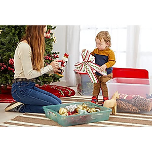 Rubbermaid Cleverstore Clear Holiday 71 Qt Bins with Tray Inserts, Built-In Handles to Maximize Storage, Great for Holiday Decor, Clear Base, Red Lid with Green Tray, Pack of 4