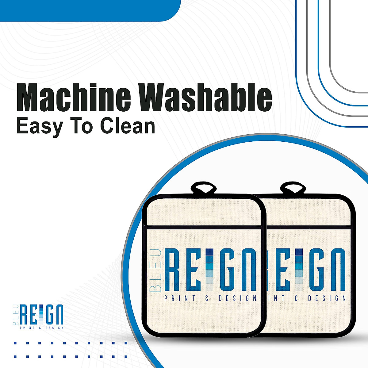 Bleu Reign Oven Mitt and Potholder Set Personalized Custom Name Damask Natural Brown and Cream Print Linen