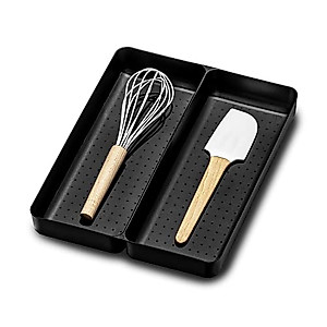 madesmart Premium Antimicrobial Premium Soft Small Utensil Tray, Non-Slip Kitchen Drawer Organizer, 2 Compartments, Multi-Purpose Home Organization, EPA Certified, Carbon