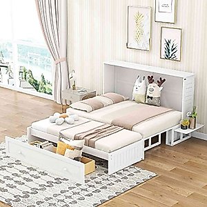 Cotoala Queen Size Mobile Murphy Bed with Storage Drawer, Wood Bedframe w/Little Shelves on Each Side, Can Convert to Cabinet for Guest Room Home Office
