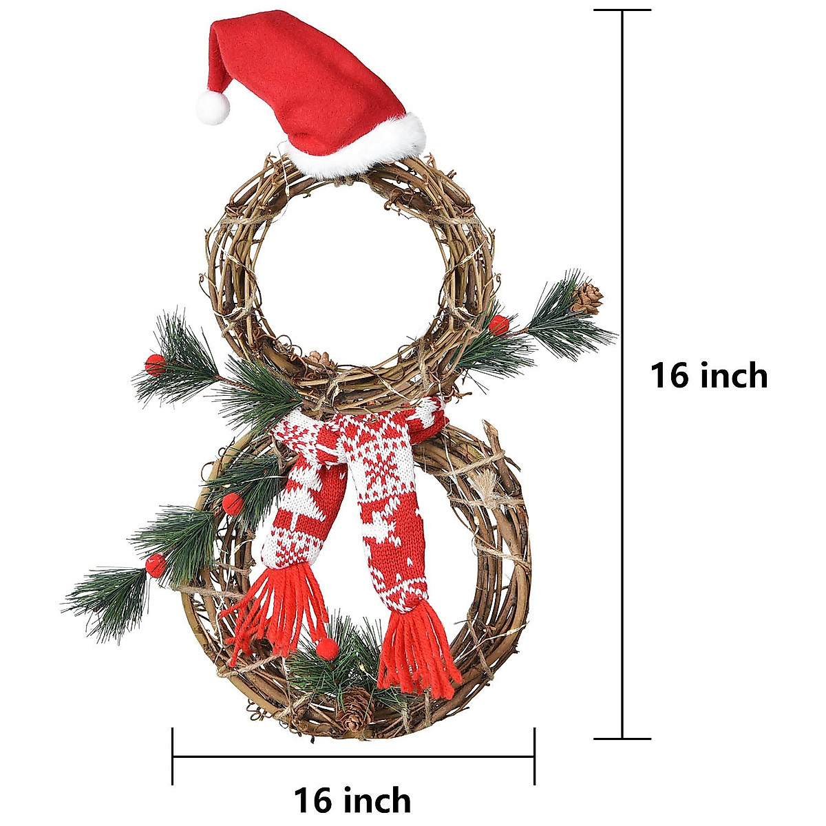 DearHouse Lighted Christmas Wreath Decoration Clearance, 16 x 8 Inch Grapevine Wreath with Hat and Scarf Snowman Shape Wreath for Front Door Home Garden Wall Decor