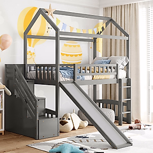 Twin Loft Bed with Stairs and Slide, Wooden House Loft Bed Twin Size with Step Storage Drawers Stairway Playhouse Bed for Kids, Toddlers, Girls & Boys, No Box Spring Needed (Twin, Gray)