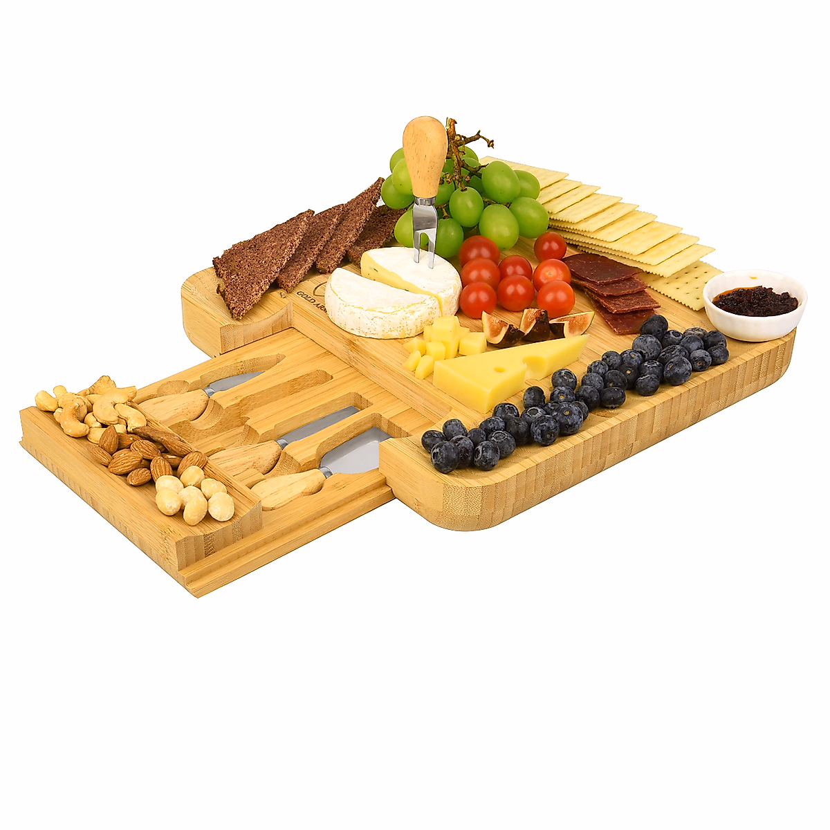 Bamboo Cheese Board and Knife Set, Cheese Board Charcuterie Set, Cheese Board Accessories Included, House Warming Gifts, New Home Meat & Cheese Tray Platter