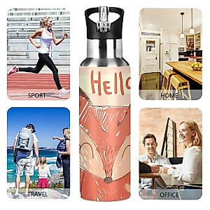 OREZI Hand Drawn Cute Fox Water Bottle Thermos with Straw Lid for Boys Girls,600 ml,Leakproof Stainless-Steel Sports Bottle for Women Men Teenag
