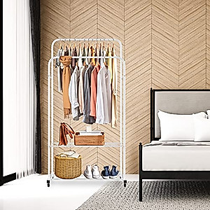 Metal Clothes Hanging Rolling Garment Rack with 2 Tier Shelves and Double Rod, Multi-Purpose Double Rail Standing Closet Storage Organizer, Upgrade Heavy Duty Rolling Pipe Coat Hanger for Boxes Shoes