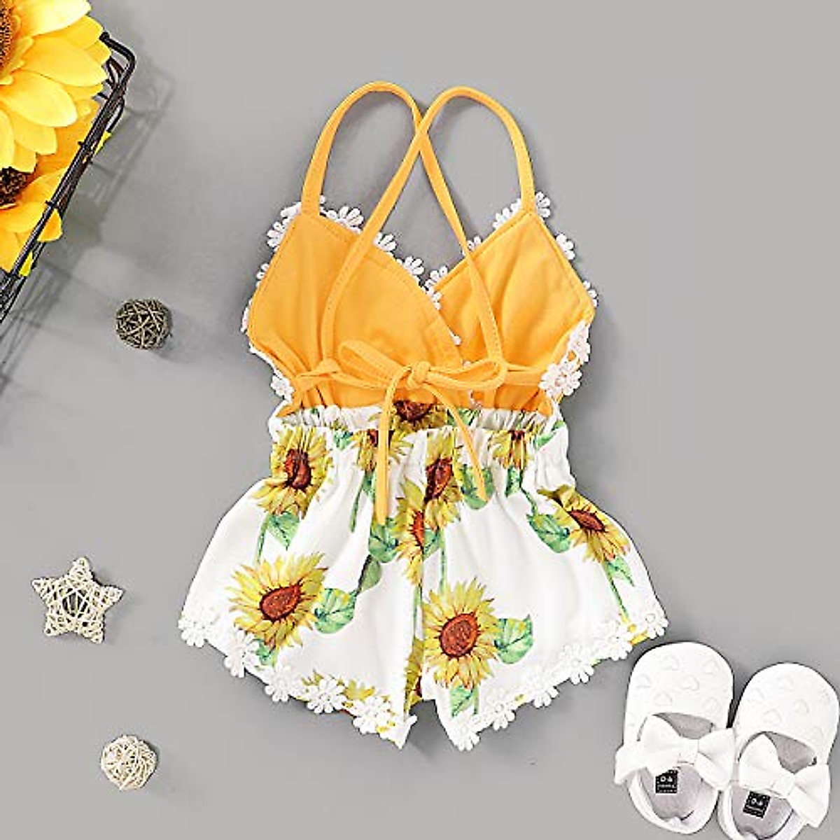 Happy Town Summer Toddler Baby Girl Clothes Cute Fruit/Flower Print Lace Trim Backless Romper Shorts Jumpsuit (Yellow, 18-24 Months)