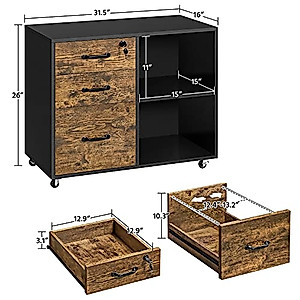 Yaheetech Lateral File Cabinet with Lock for Letter, A4 Size, 3 Drawer Printer Stand with Open Storage Compartments, Mobile Filing Cabinet for Home Office, Black/Rustic Brown
