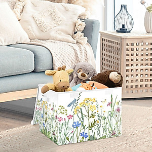JUMBEAR Herbs Wild Flower Rectangular Storage Bin with Lid and Handle, Collapsible Toys Clothes Storage Basket Organizer for Closet, Office, Nursery, Home Decor